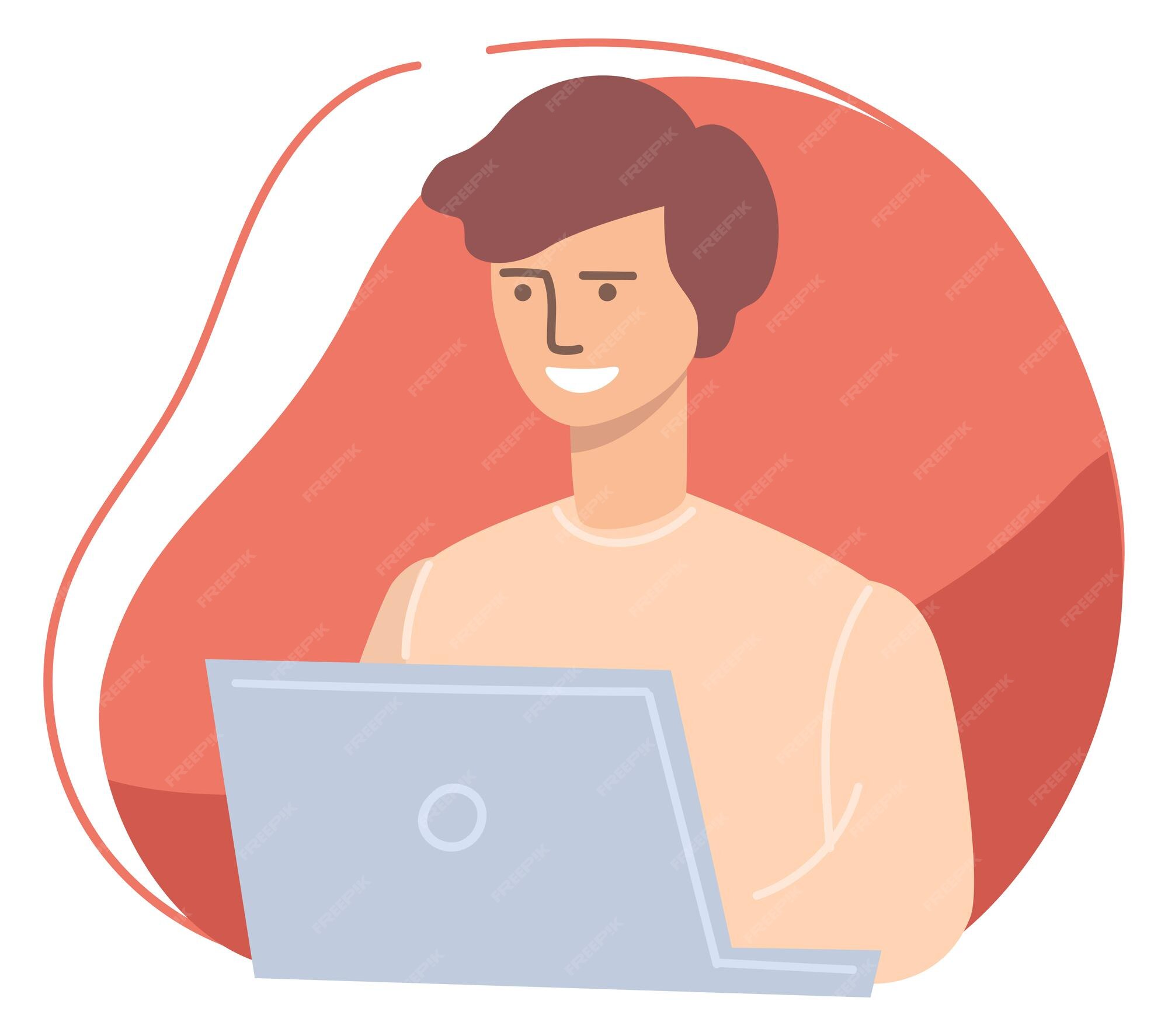 Premium Vector | Male character working on laptop, isolated man with ...