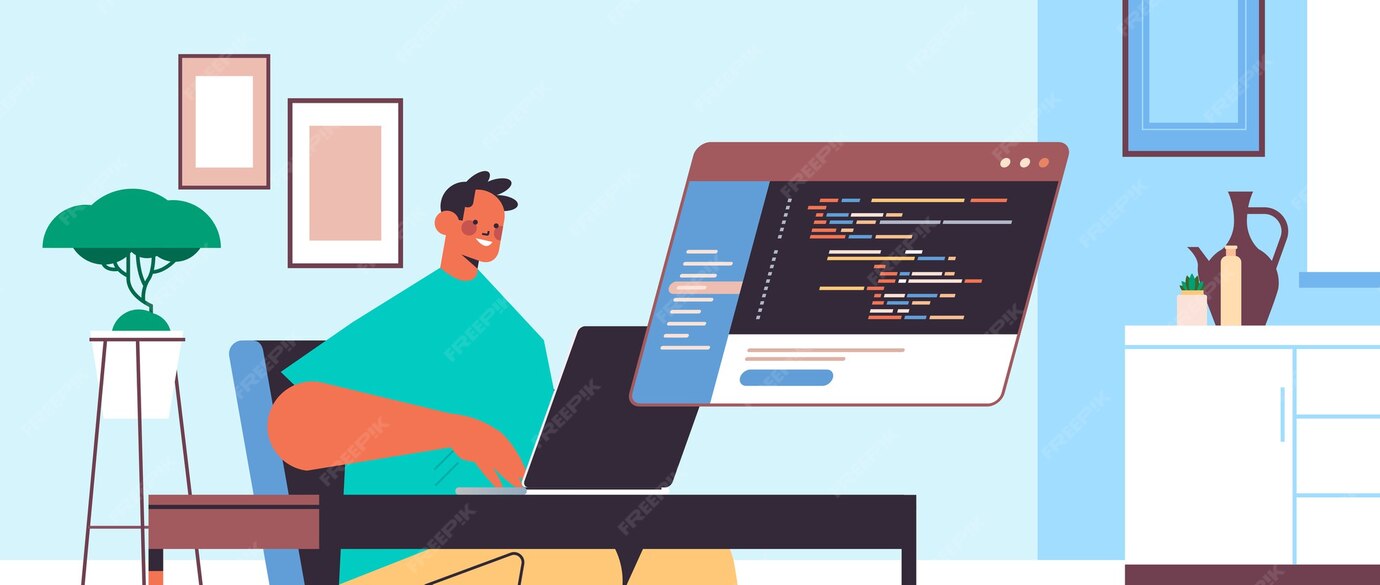Premium Vector | Male web developer using laptop creating program code development of software ...