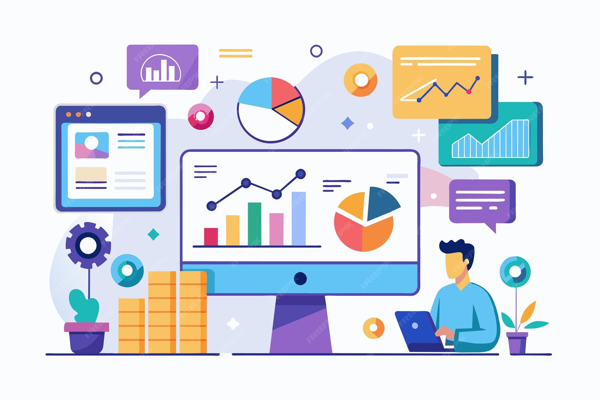 Premium Vector | Man Analyzing Data on Computer Screen Development ...