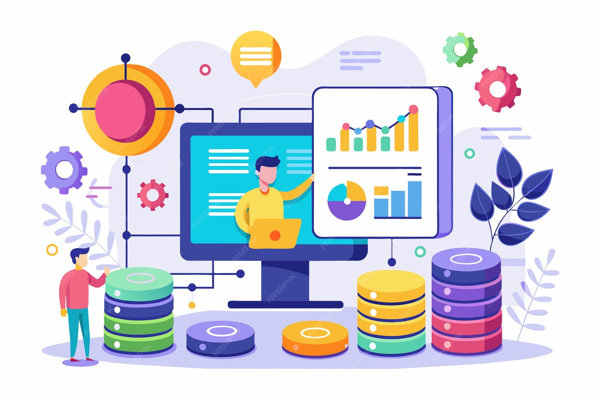 Man Analyzing Data With Stacks Of Coins Analysis Data And Database