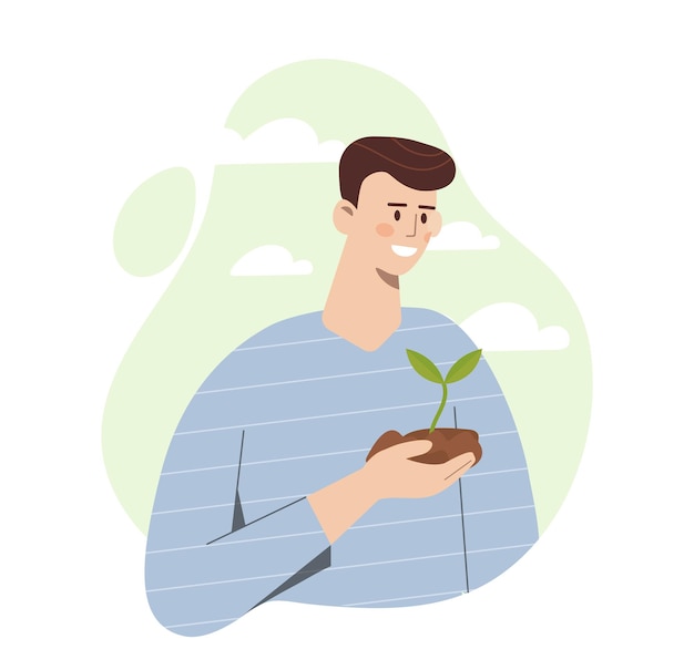 Premium Vector | Man care of nature young guy stands witrh stem of ... Premium Vector | Man care of nature young guy stands witrh stem of ...
