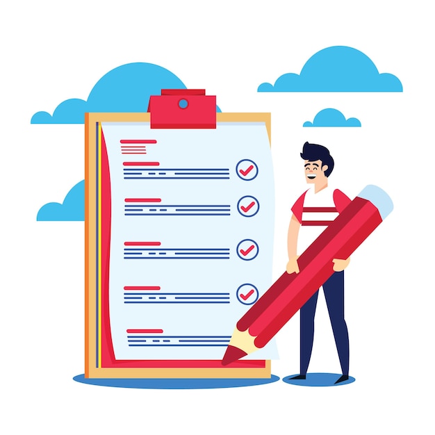 Premium Vector | Man checking giant check list Premium Vector | Man checking giant check list