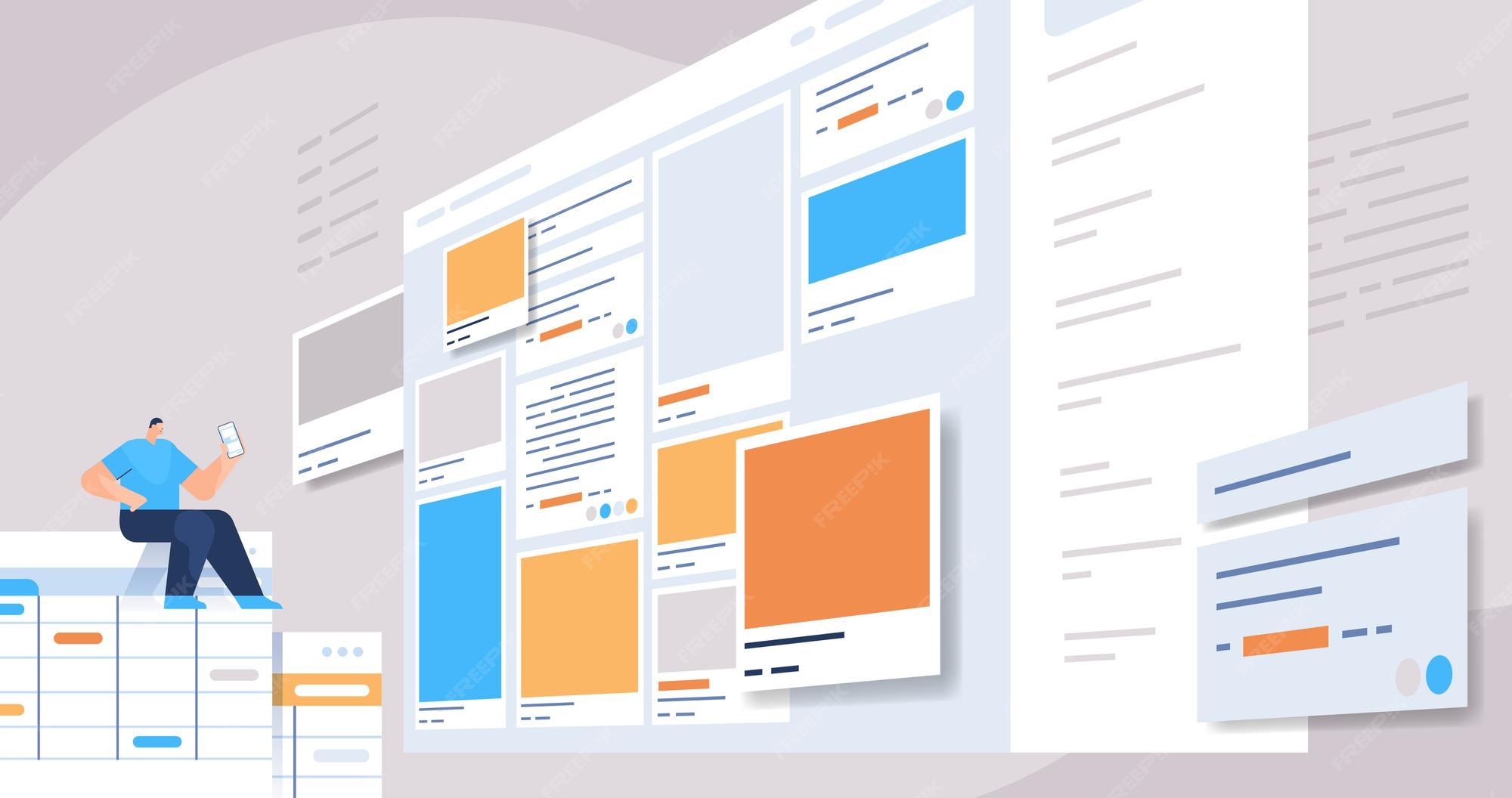 Premium Vector | Man developer using smartphone creating mobile app ui interface web application ...