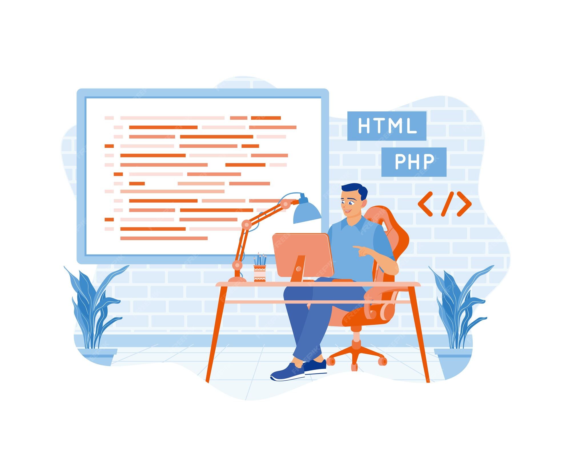 Premium Vector Man Developing Mobile Applications On The Computer The