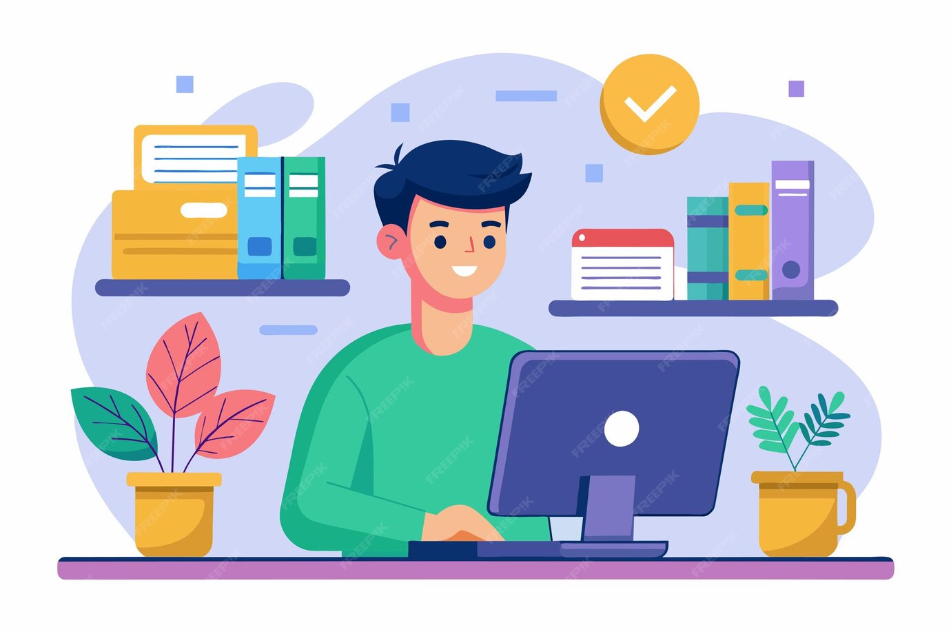 Premium Vector | A man is sitting at a desk focused on his computer screen while working on ...