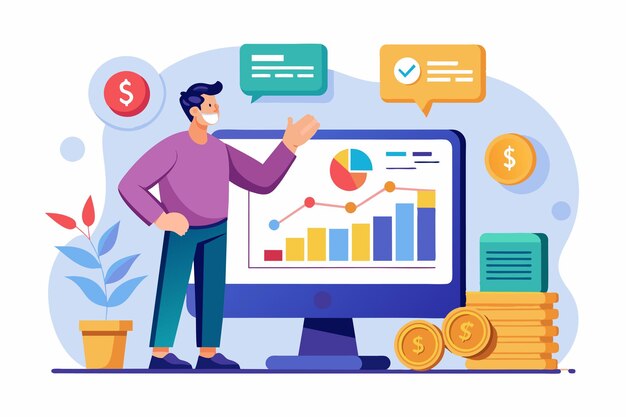 A man points at a computer screen showing financial charts and graphs emphasizing key data ...