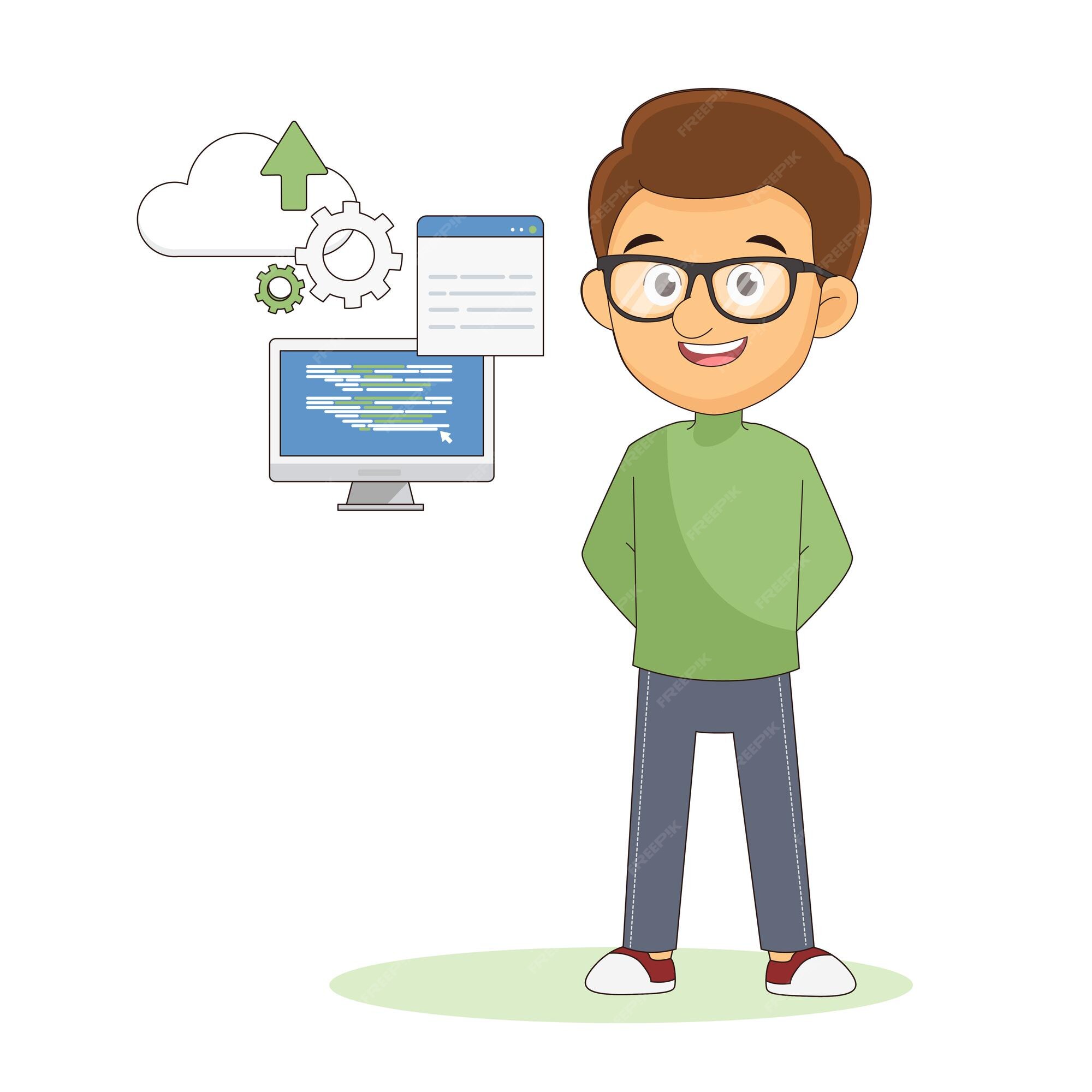 Premium Vector | Man programmer is working with laptop code. programmer coding.