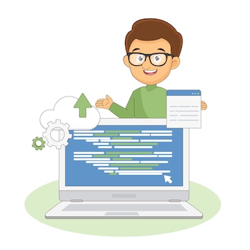 Premium Vector | Man programmer is working with laptop code programmer ...