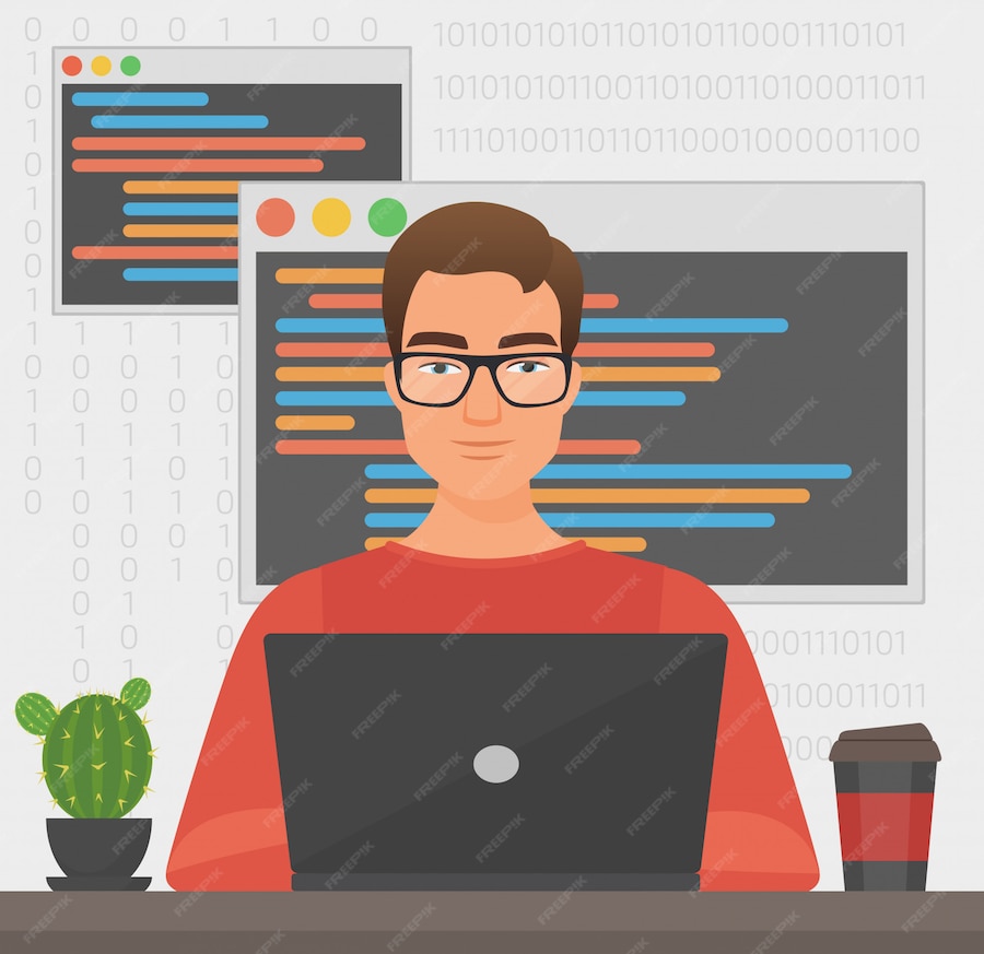 Premium Vector | Man programmer is working with laptop code. programmer coding.