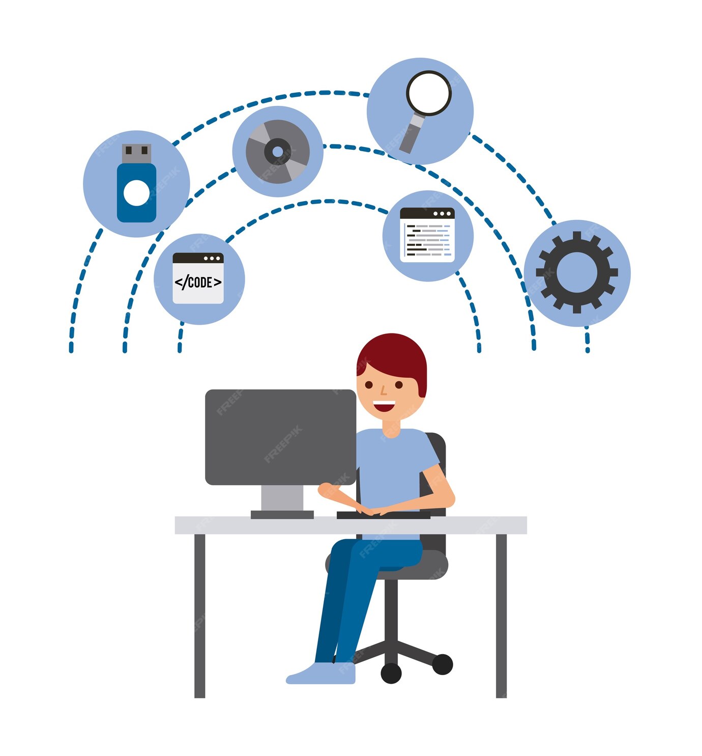 Premium Vector | Man programmer working on his pc computer coding and ...