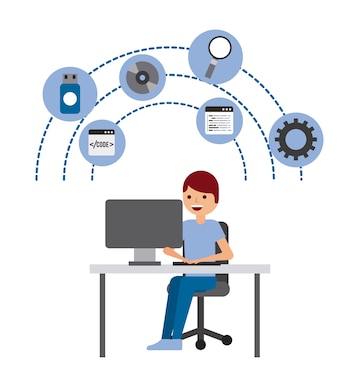 Premium Vector | Man programmer working on his pc computer coding and ...