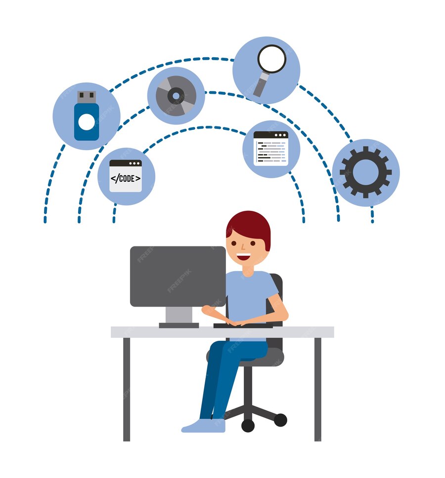 Premium Vector | Man programmer working on his pc computer coding and programming