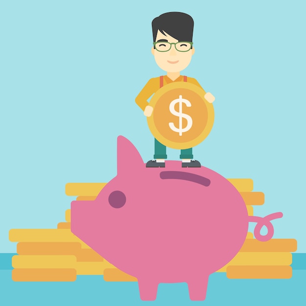 Premium Vector | Man putting coin in piggy bank Premium Vector | Man putting coin in piggy bank