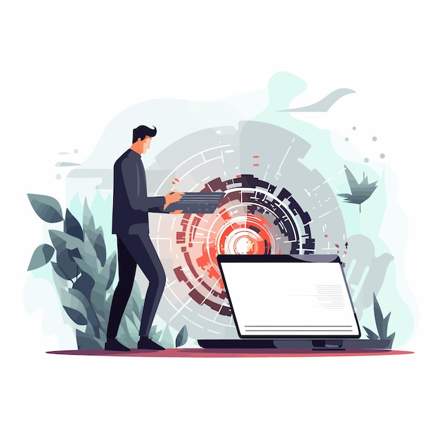 Premium Vector | Man_receives_cyber_threats_standing_near_laptop Premium Vector | Man_receives_cyber_threats_standing_near_laptop