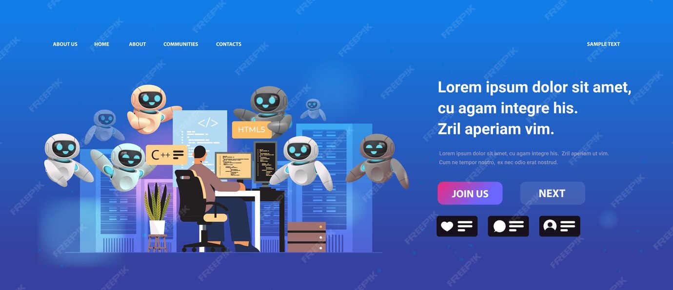 Premium Vector | Man and robots web developers creating program code on laptop screen ...