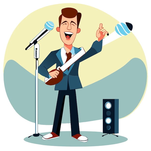 A Man Sings Karaoke In The Style Of A Comic Book Vector Illustration