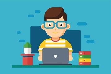 Premium Vector | A man sitting in front of a laptop computer focused on ...