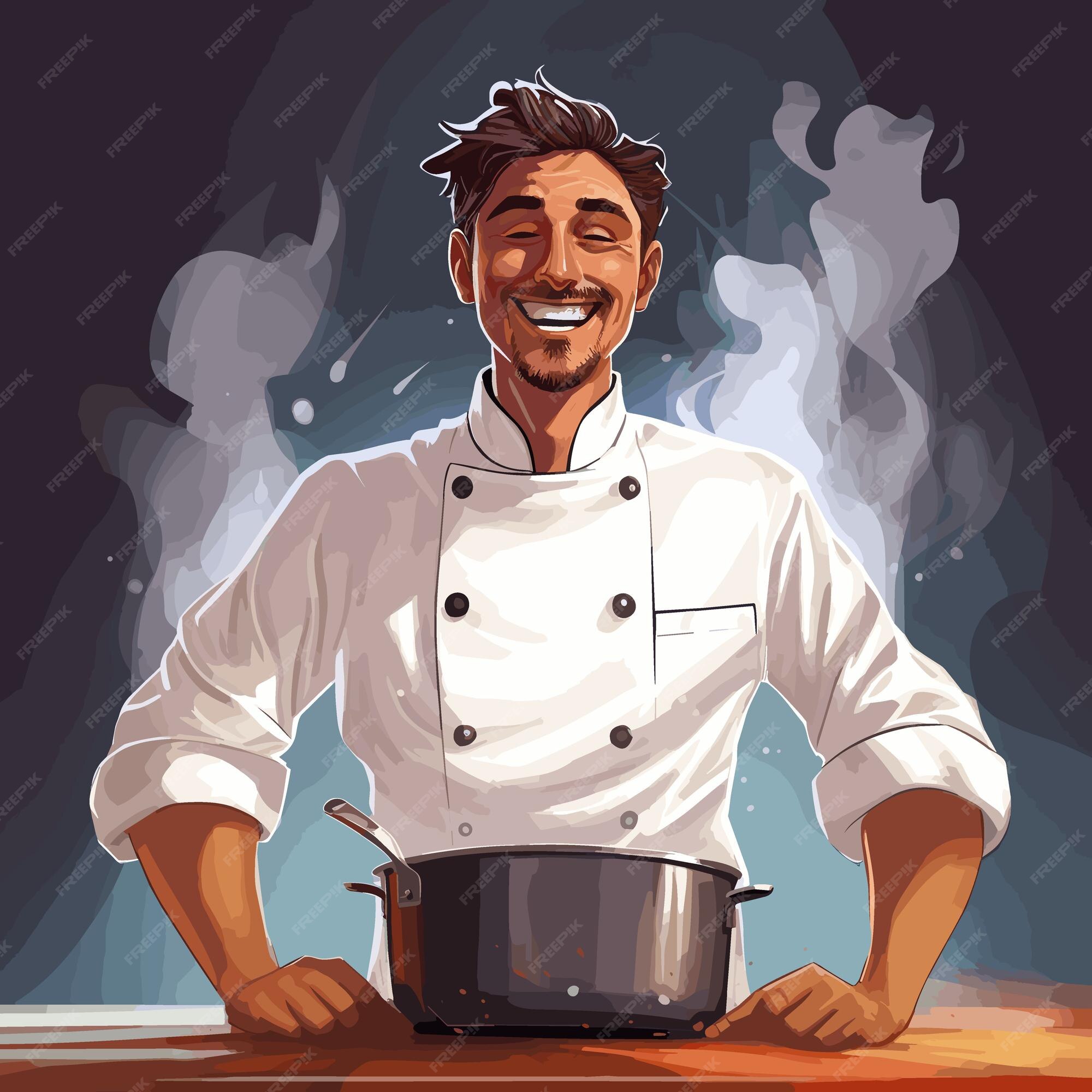 Premium Vector A Man Smiling In Front Of A Pot Of Food