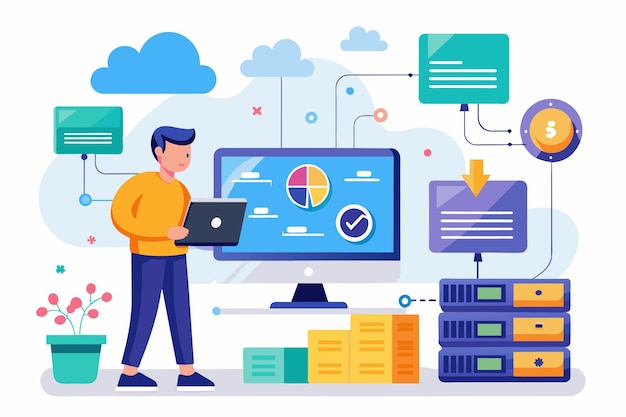 Premium Vector | A man standing in front of a computer screen analyzing ...