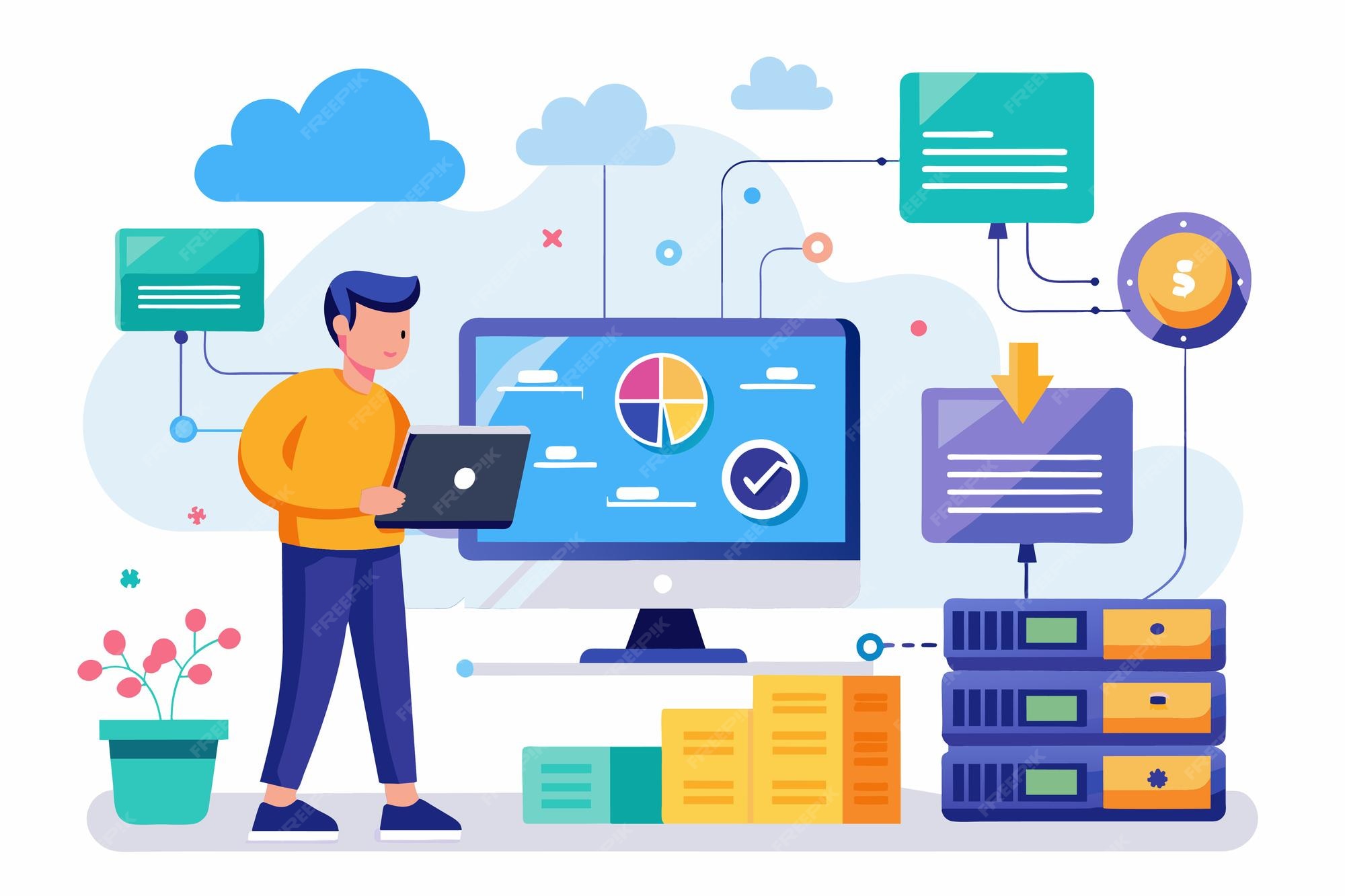 Premium Vector | A man standing in front of a computer screen analyzing ...