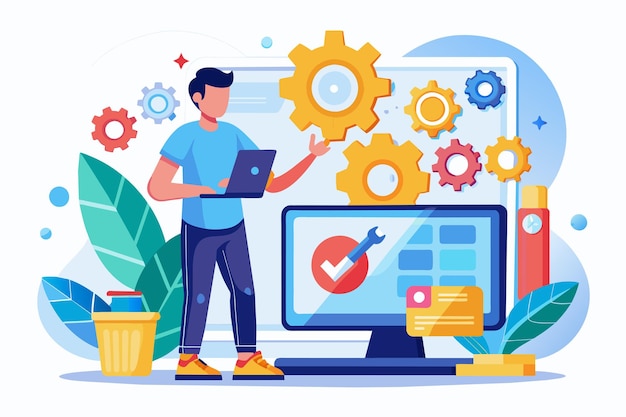 Premium Vector | A man standing in front of a computer screen analyzing ... Premium Vector | A man standing in front of a computer screen analyzing ...