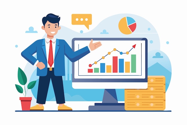 A man standing in front of a computer screen displaying a stock chart ...