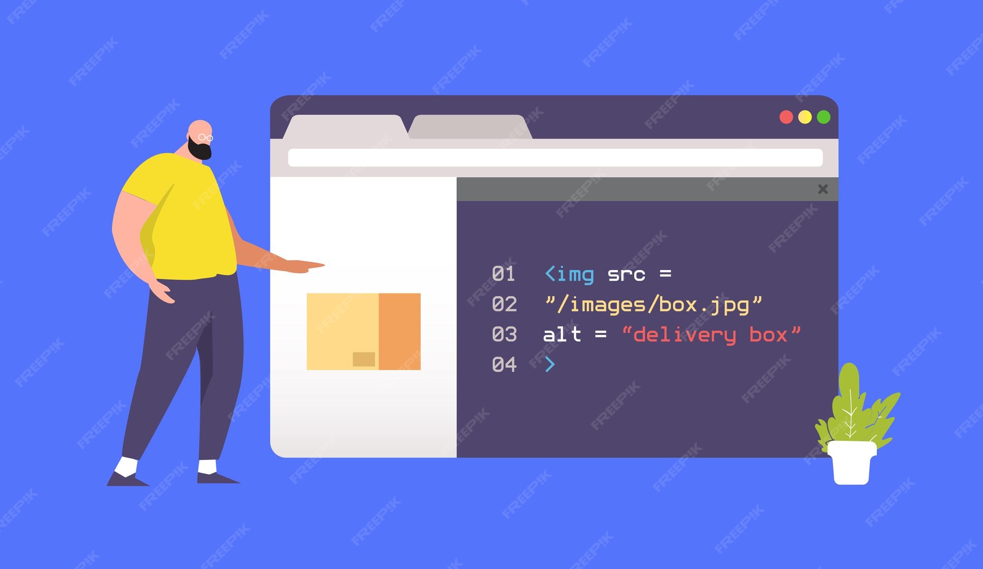 Premium Vector | Man standing with browser explain howto code a web ...