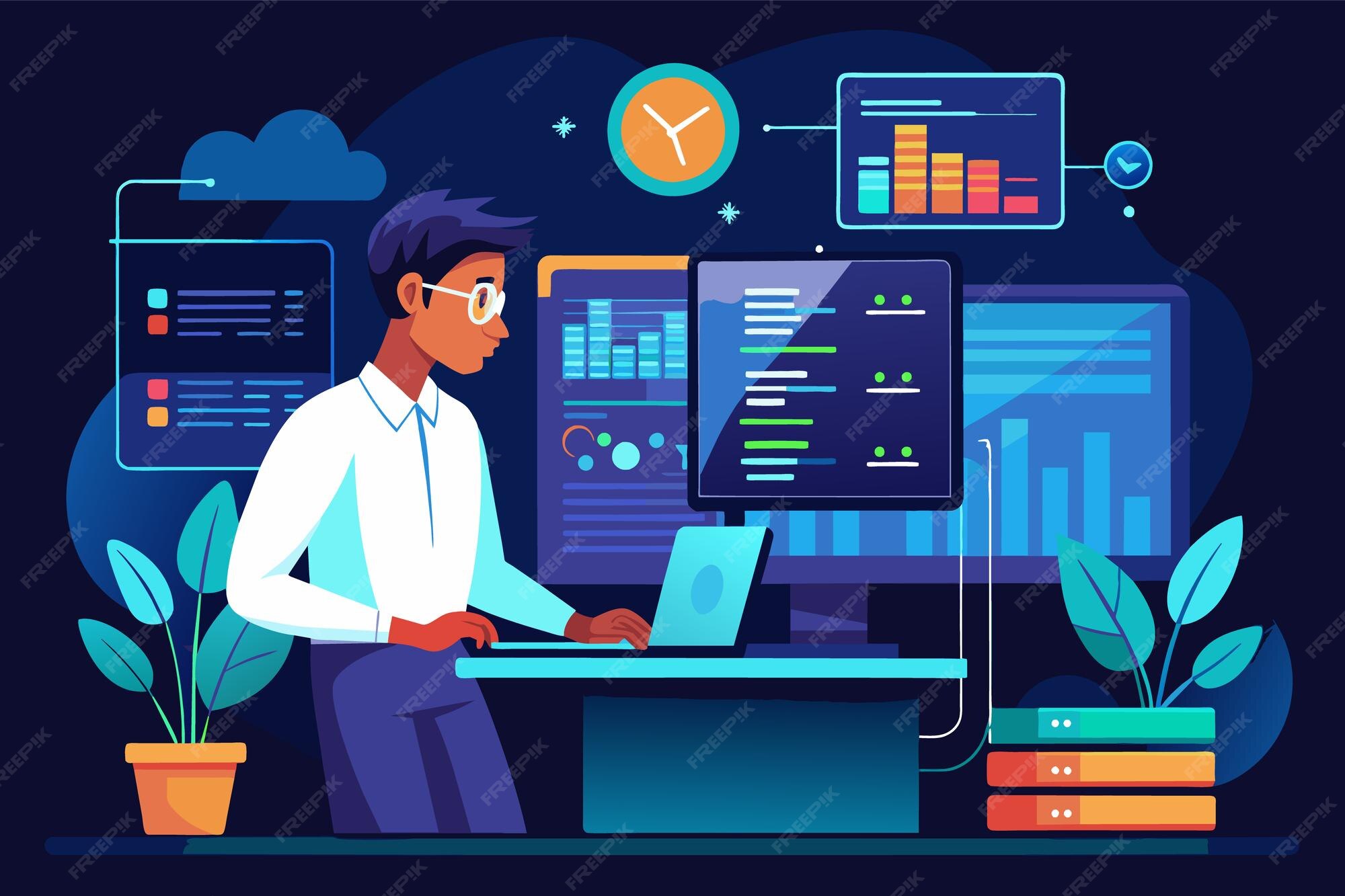 A Man Stands At A Desk Working On A Laptop With Multiple Computer Screens Displaying Data And