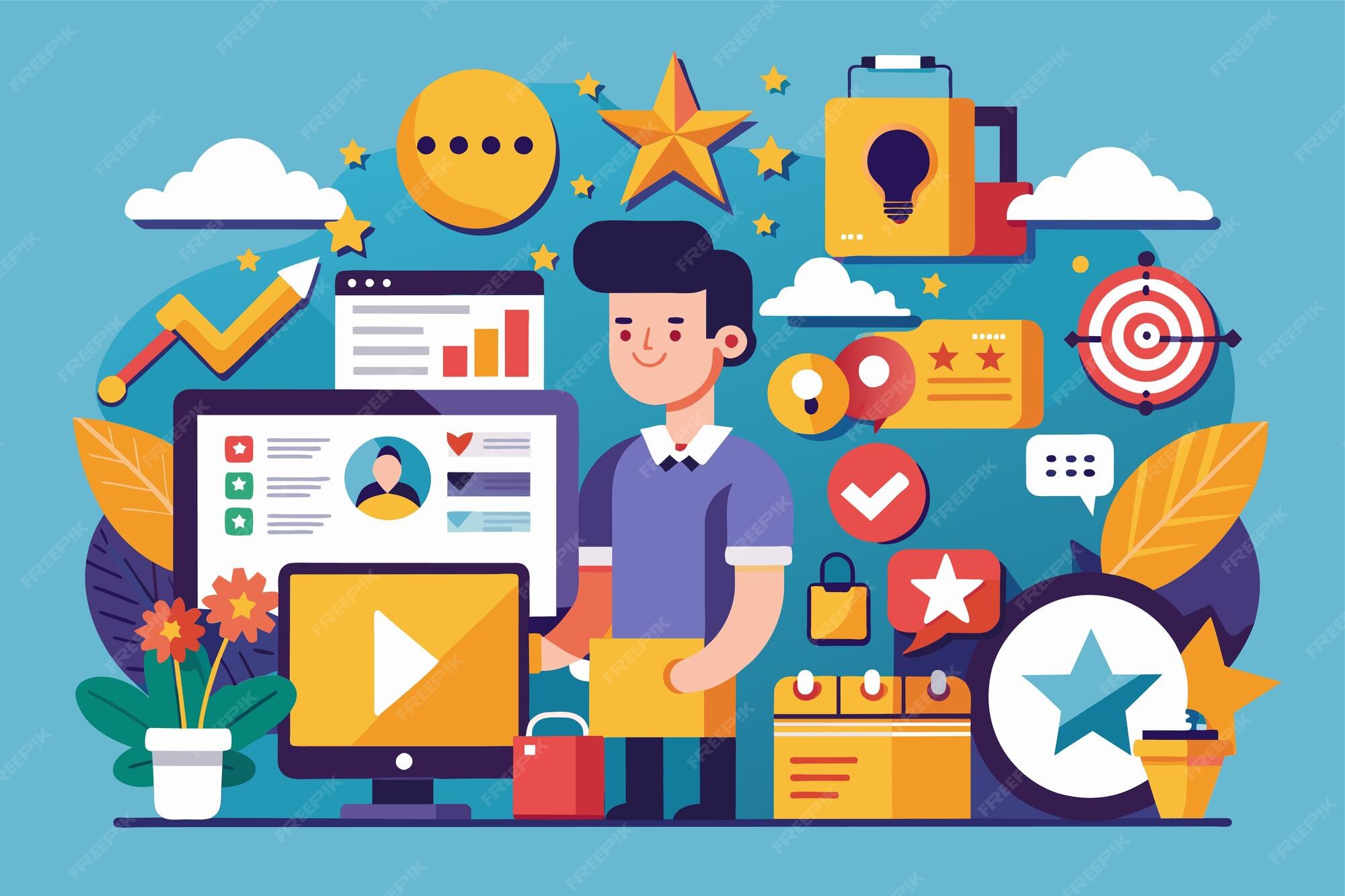 A man stands in front of a computer screen surrounded by various icons ...