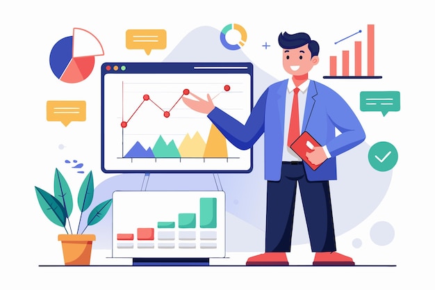 Premium Vector | A man stands in front of a large screen displaying trading data analyzing ...