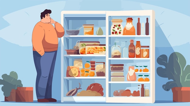 Premium Vector | A man stands in front of a refrigerator full of food Premium Vector | A man stands in front of a refrigerator full of food