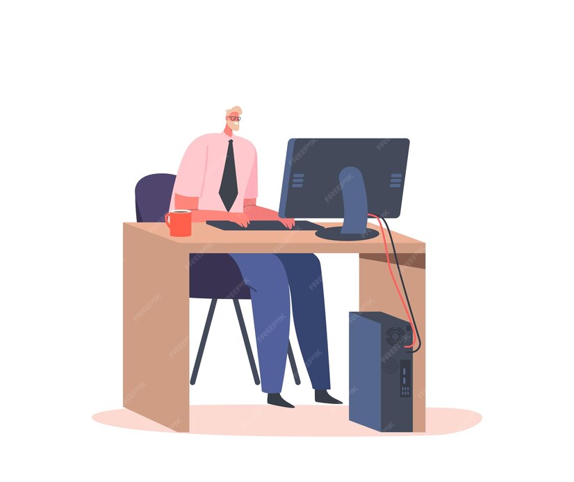 Premium Vector Man Sysadmin Or Coder At Work On Computer In Office Male Character Working With