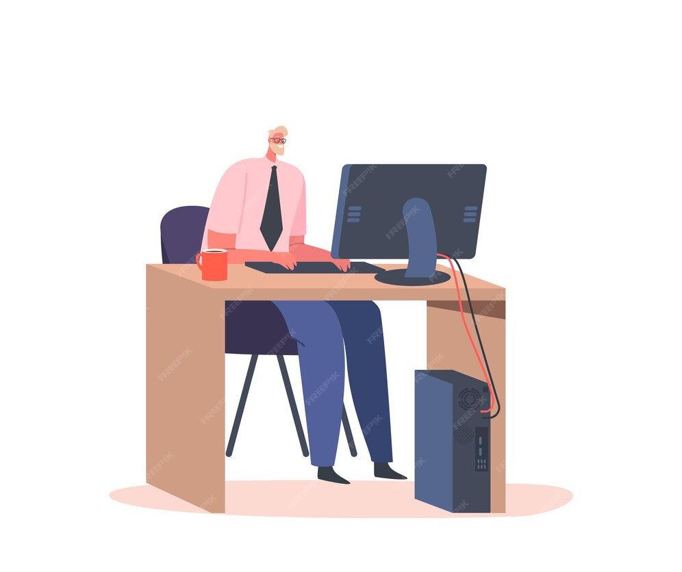 Premium Vector Man Sysadmin Or Coder At Work On Computer In Office Male Character Working With