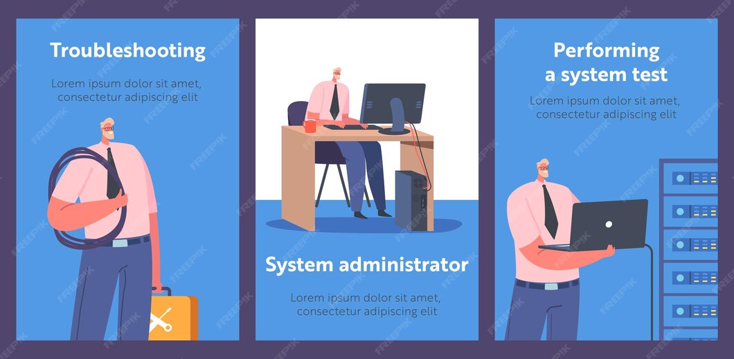 Premium Vector | Man sysadmin or coder at work on computer in office ...