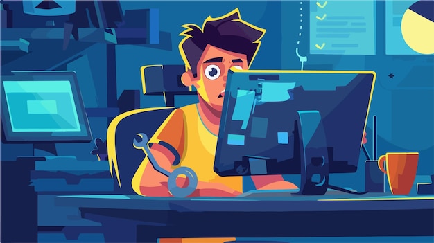 Man Troubleshooting Computer Vector Concept | Premium AI-generated vector Man Troubleshooting Computer Vector Concept | Premium AI-generated vector