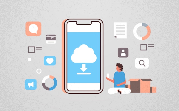 Premium Vector Man Using Computing Cloud Synchronization Mobile