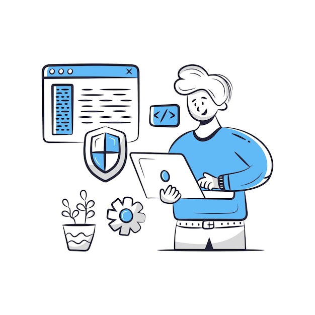 Premium Vector | A man using a laptop is coding a website using HTML