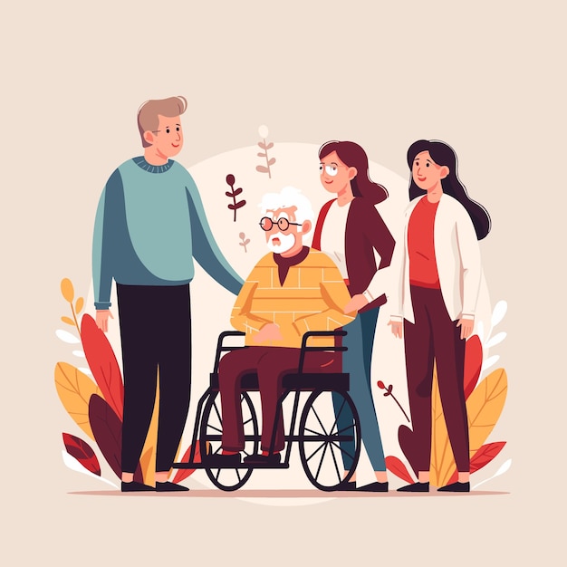 Premium Vector | A man in a wheelchair is being helped by a woman and ... Premium Vector | A man in a wheelchair is being helped by a woman and ...