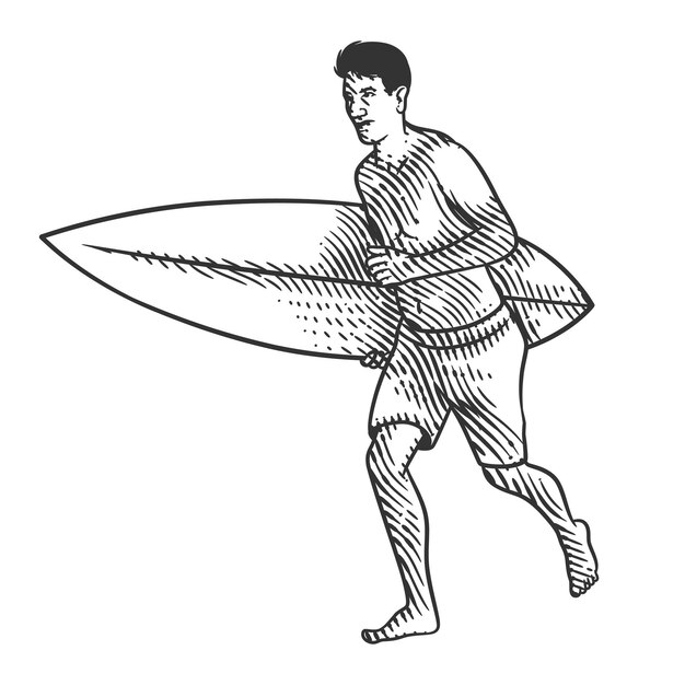 Premium Vector Man With Surfboard Vector Illustration In Engraving