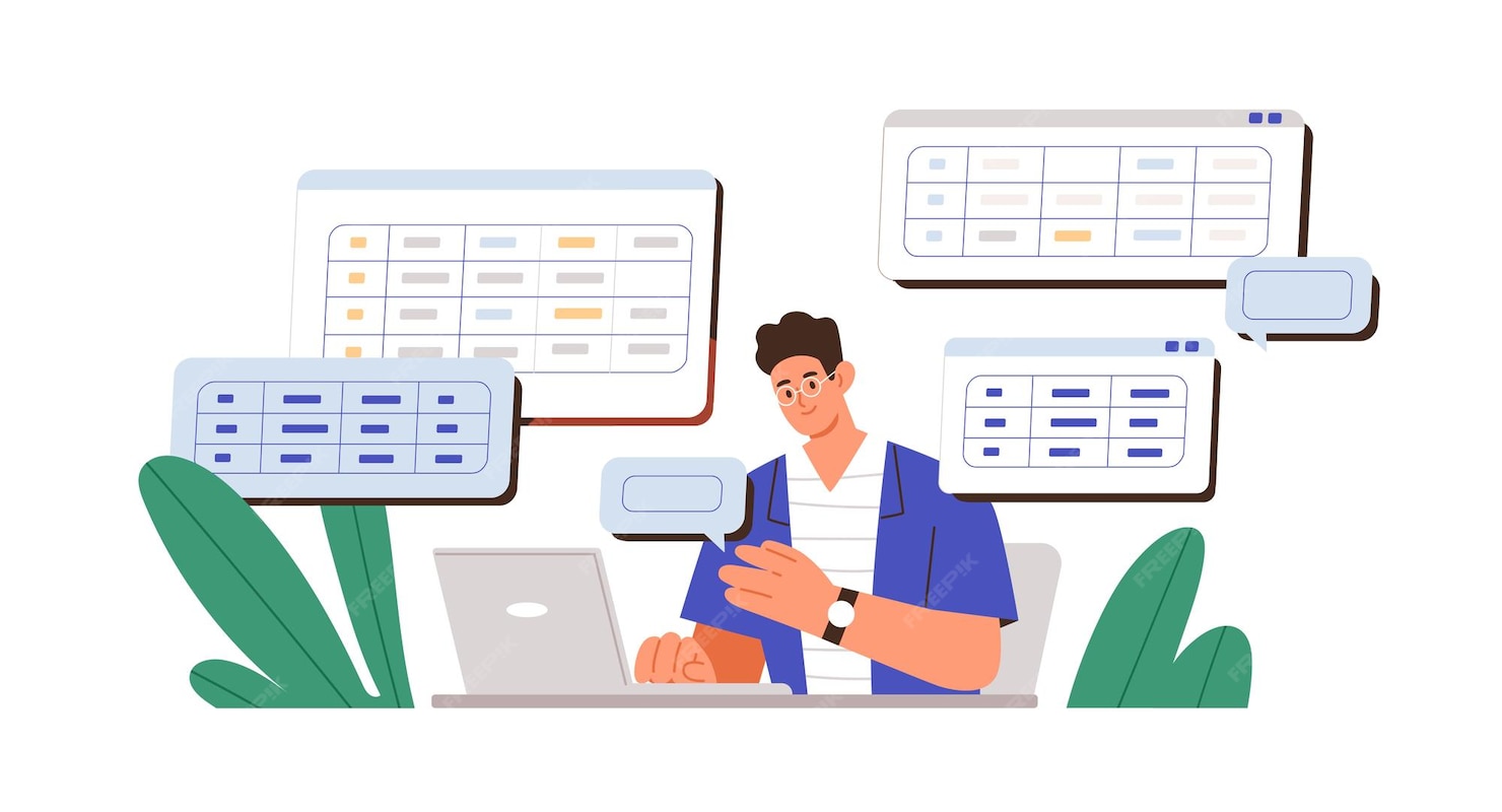 Premium Vector | Man working with big data and databases, using laptop and excel tables. office ...