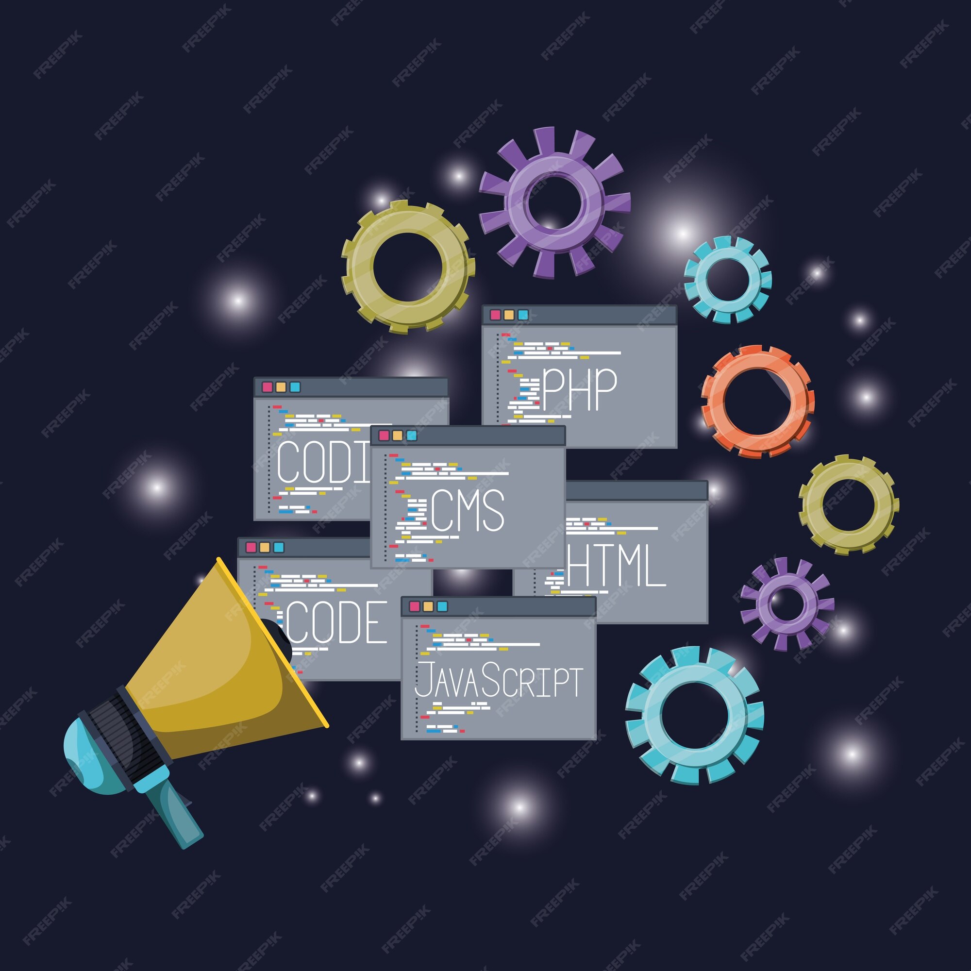 Premium Vector | Megaphone with set windows web programming language codes