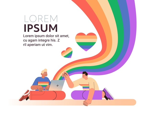 Premium Vector Men With Lgbt Rainbow Flags Using Laptop Gay Lesbian