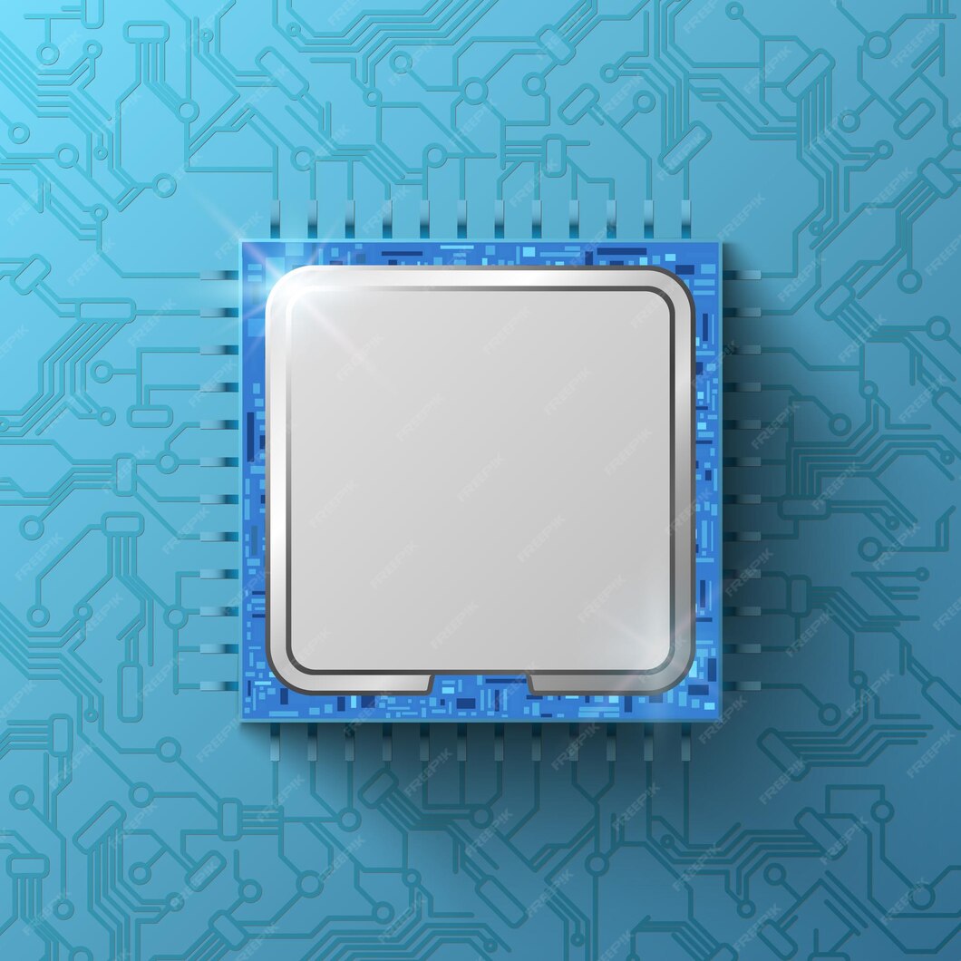 자세한 인쇄 회로 기판 디자인 추상 배경 벡터 일러스트 레이 션에 마이크로 칩 컴퓨터 Cpu 마이크로 프로세서 프리미엄 벡터