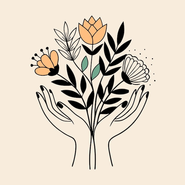 Minimal Line Art Hands And Floral Vector Premium Ai Generated Vector