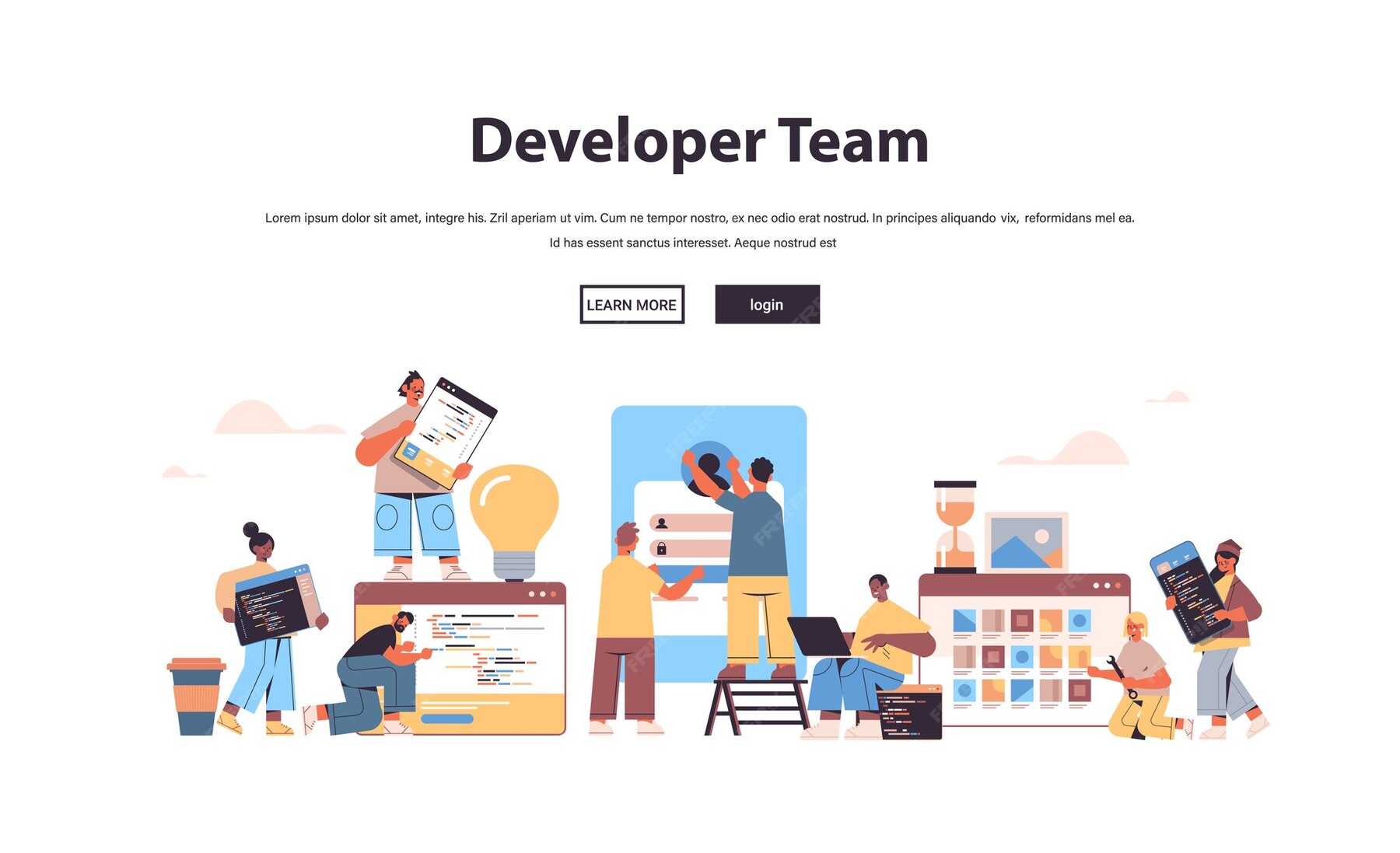 Premium Vector | Mix race web developers team creating program code application development ...