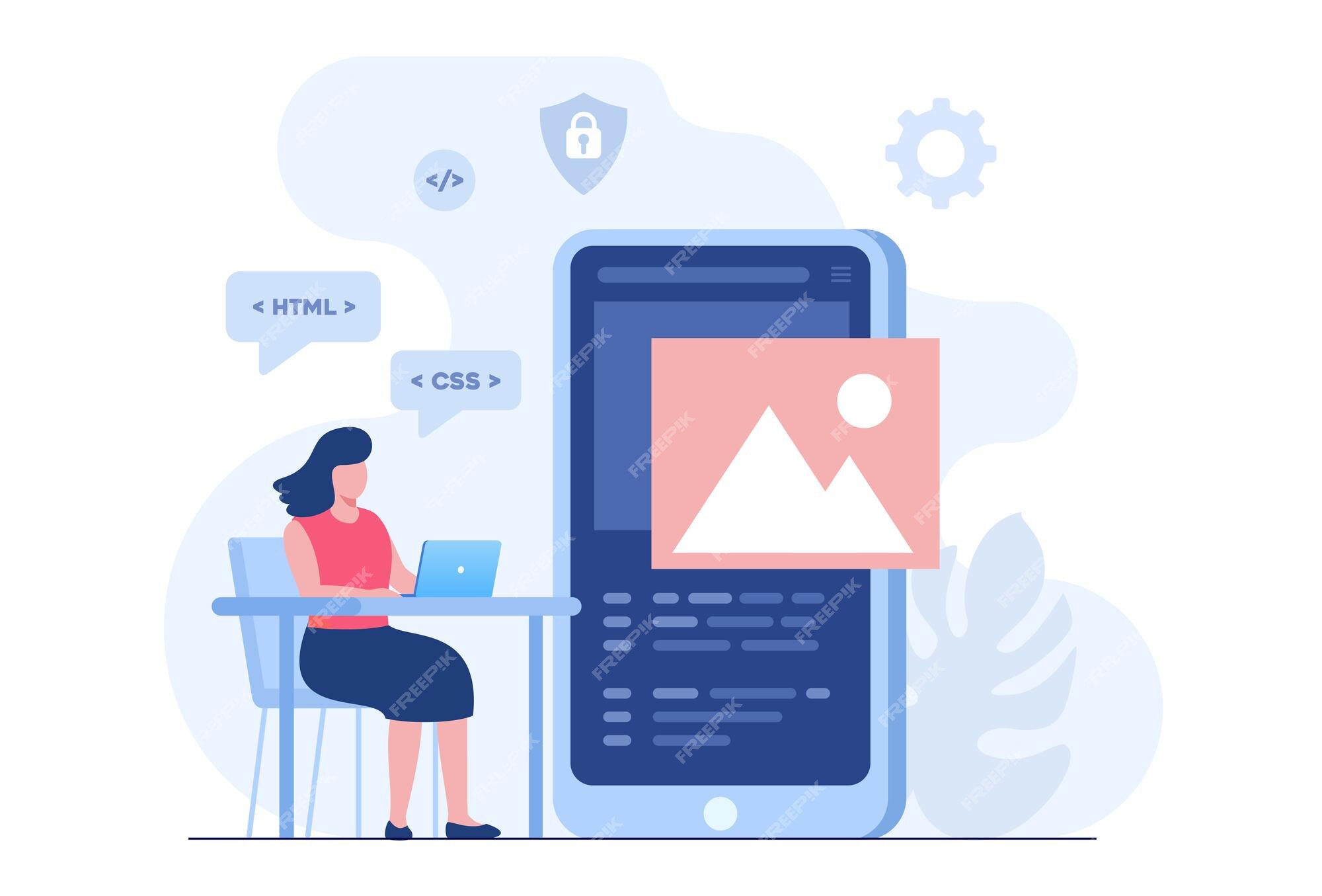 Premium Vector Mobile Application Developer Programming Languages Css Html It Ui Female 6669