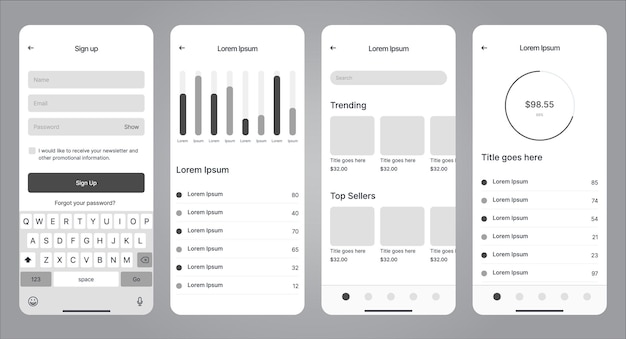모바일 애플리케이션 Ui Ux 디자인 템플릿 벡터 모바일용 와이어프레임 프로토타입 디자인 프리미엄 벡터