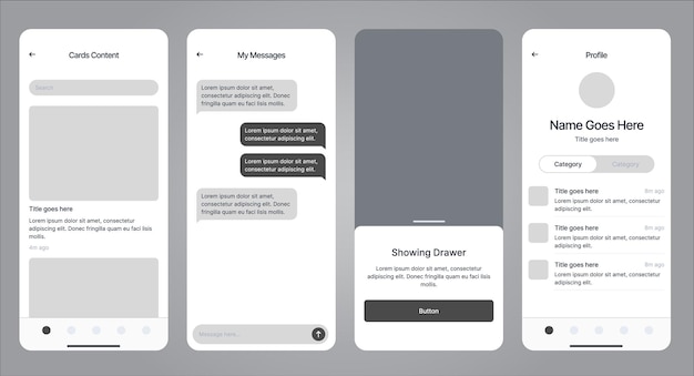모바일 애플리케이션 Ui Ux 디자인 템플릿 벡터 모바일용 와이어프레임 프로토타입 디자인 프리미엄 벡터