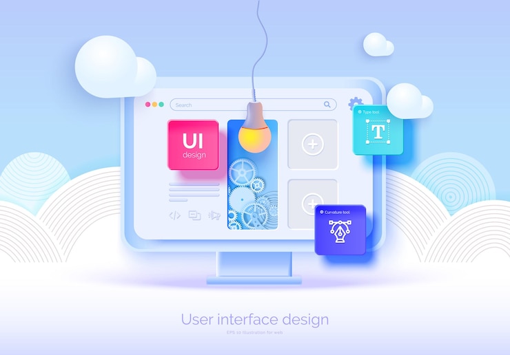웹 디자인을 위한 사용자 인터페이스 요소가 있는 모형 3d 모니터 소프트웨어 작성자 사용자 인터페이스 사용자 경험 디자인 Ui