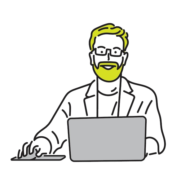 Premium Vector | Modern office stylish businessman works on laptop. Premium Vector | Modern office stylish businessman works on laptop.